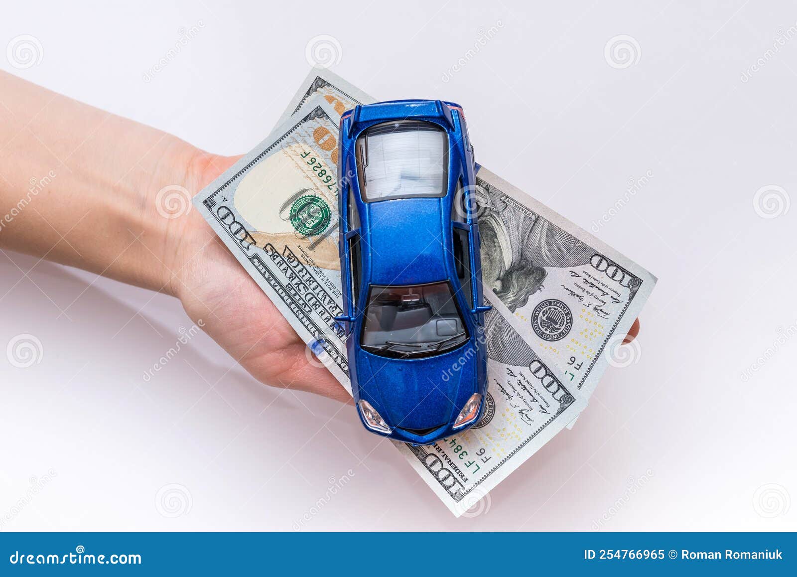 Hand with Blue Toy Car and Money Isolated Stock Image - Image of ...
