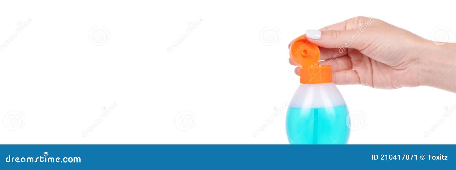 Hand with Blue Window Cleaner in Bottle, Isolated on White Background ...