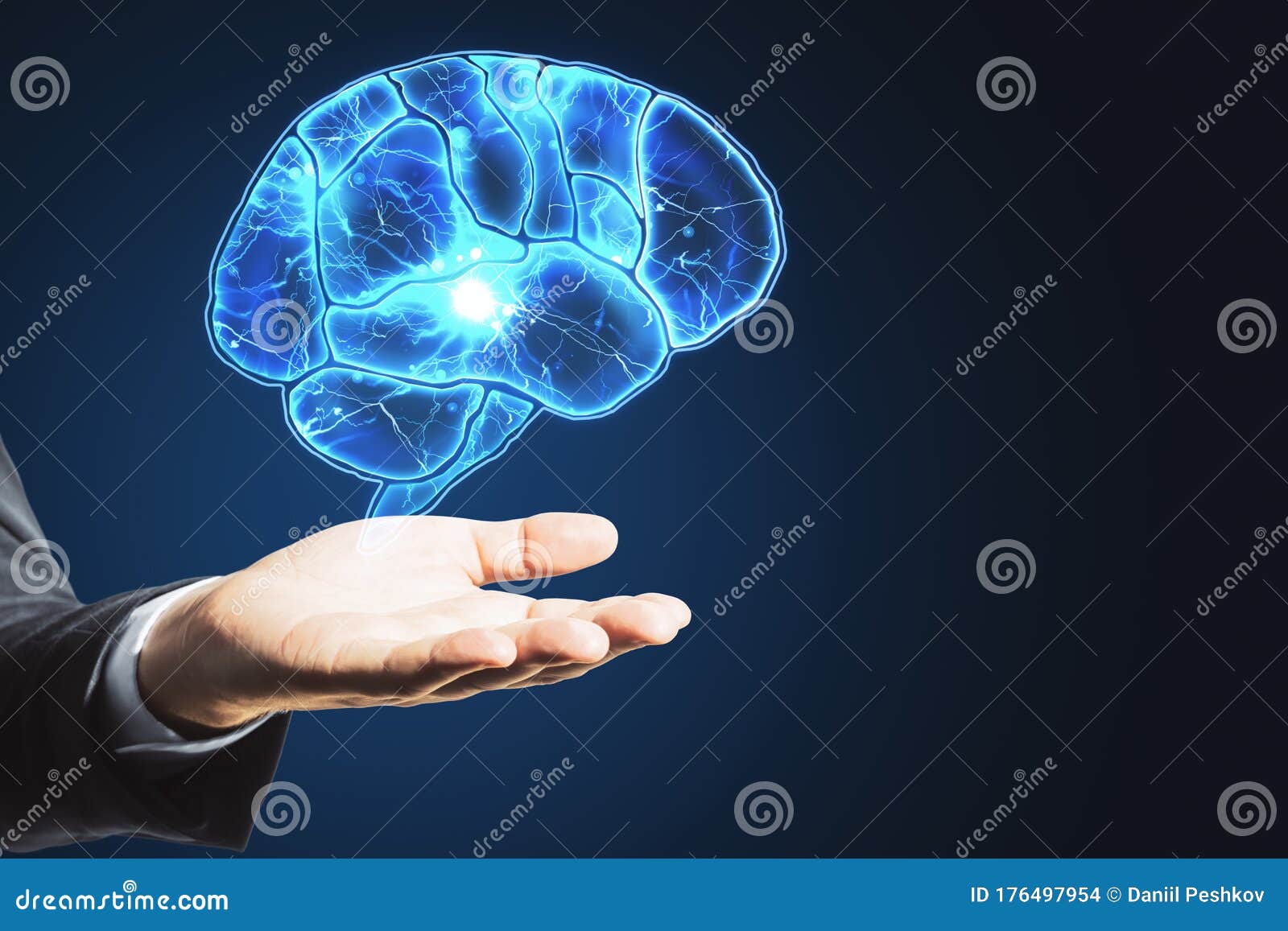 Hand with Brain on Dark Backdrop Stock Photo - Image of artificial ...