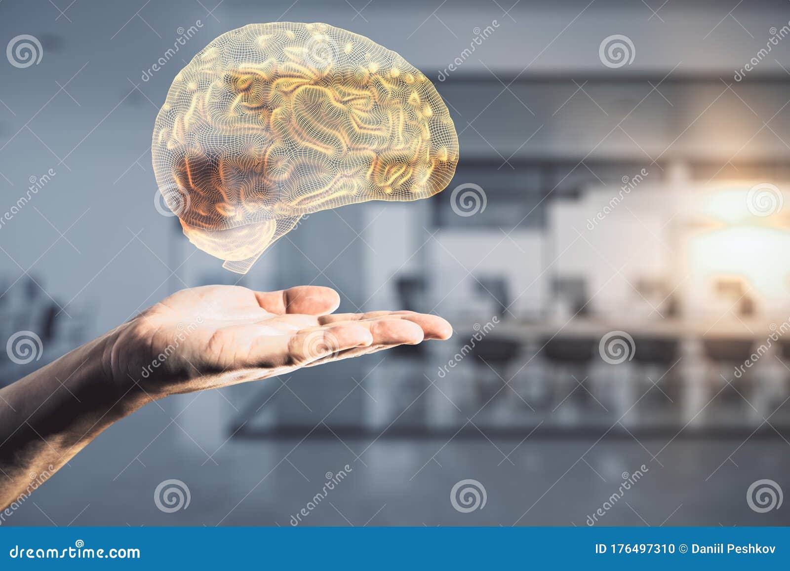 Hand with Brain on Modern Office Background Stock Illustration ...