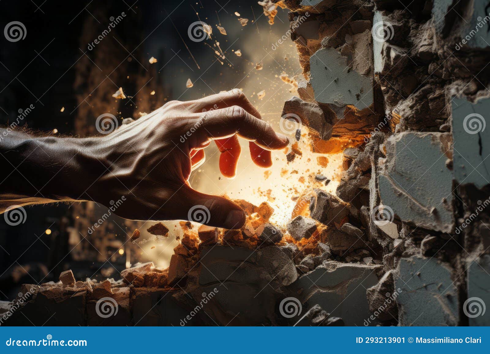 Hand Breaking through a Brick Wall. Beyond All Limits Stock ...