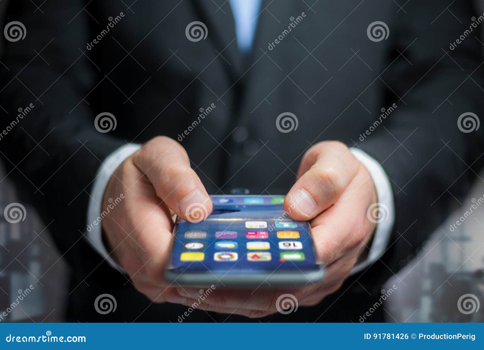Hand of a Business Man Holding Black Smartphone with Operating S Stock ...