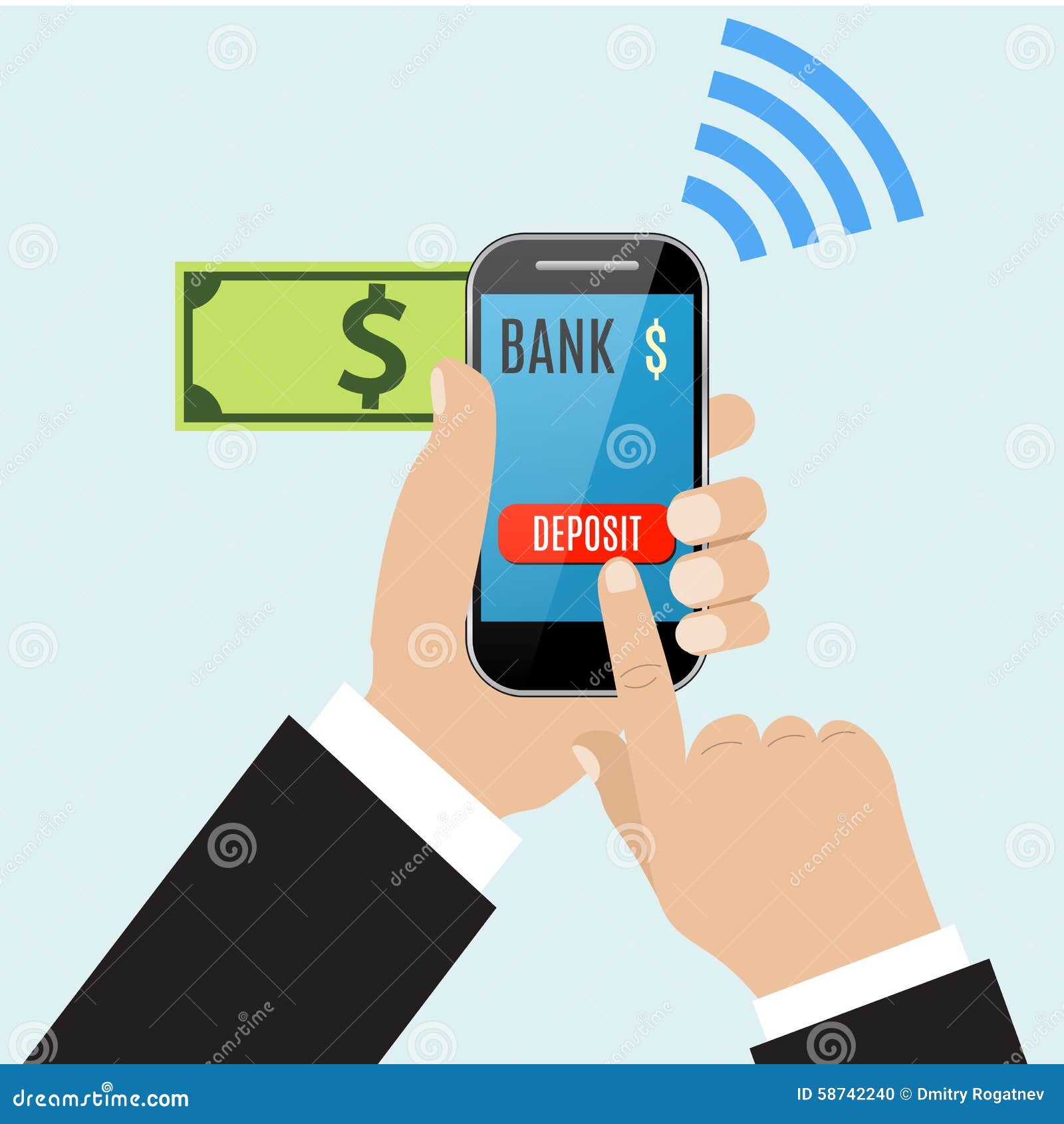 Hand of Business Man Touching Deposit Button of Mobile Stock Vector ...