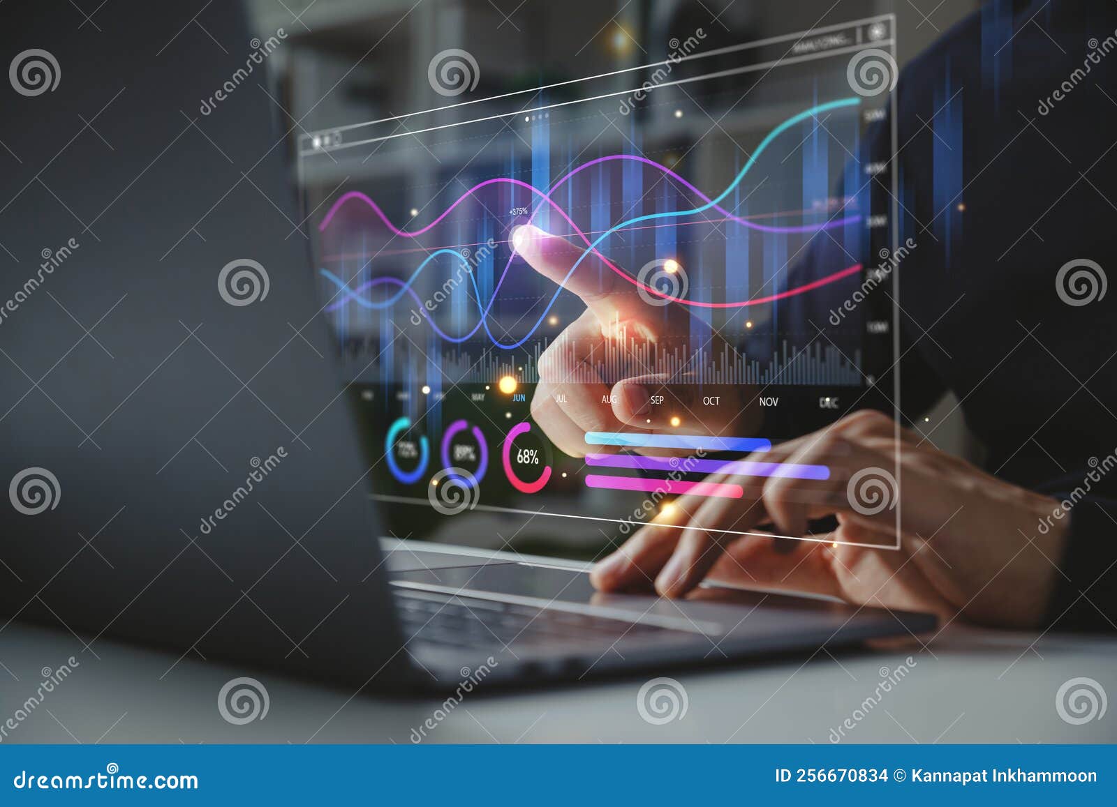 Hand of Businessman Finger Point Touch on Screen for Analyze Investment ...