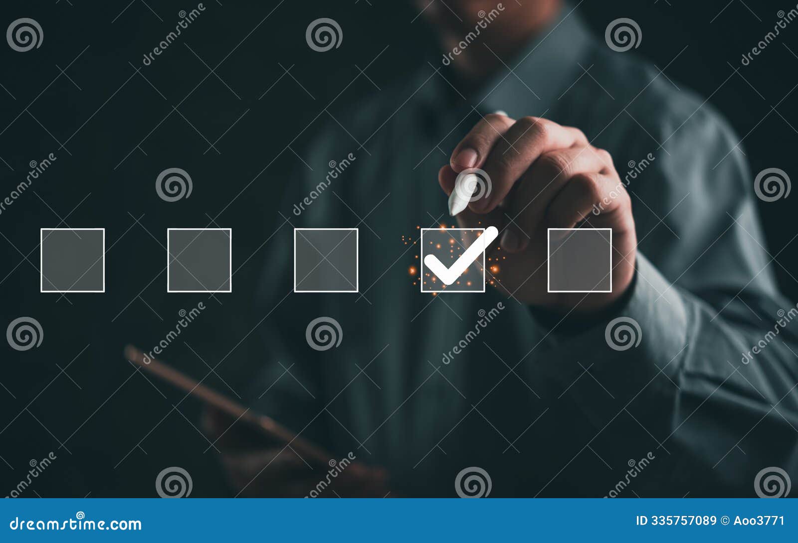Hand of Businessman Marking Checkbox on a Digital Interface. Depicts ...