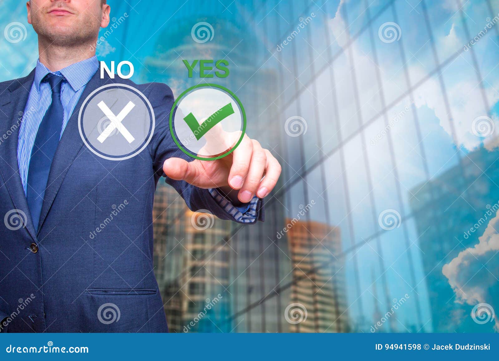 Hand of Businessman Press Yes Button. Concept of Decision Making Stock ...