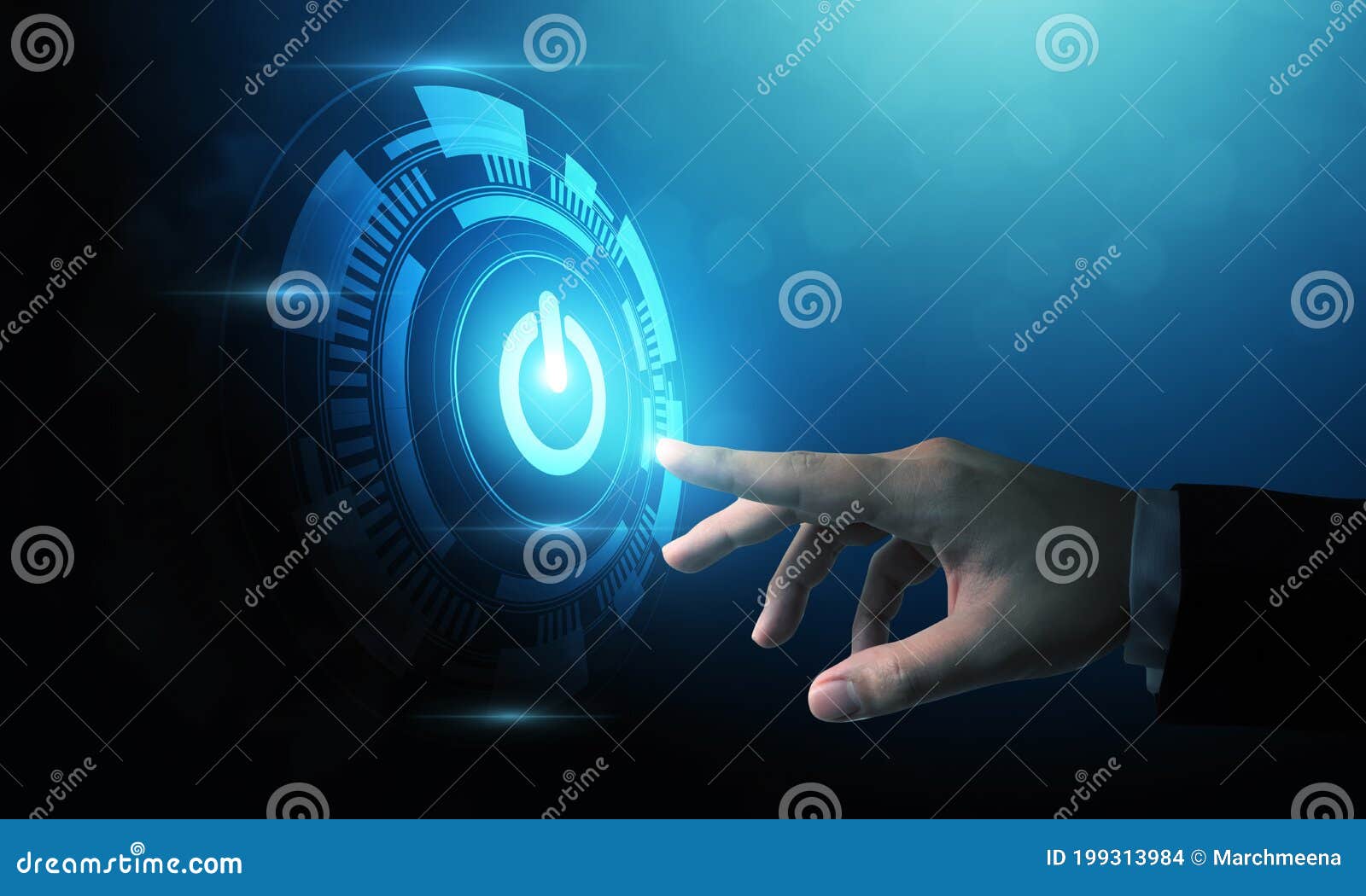 Hand of Businessman Pressing Power Button Over Computer Stock ...