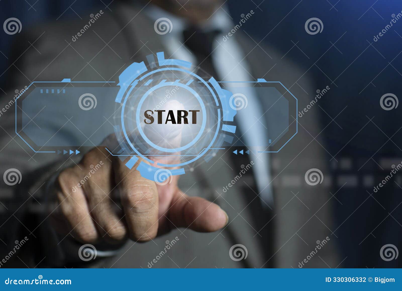 Hand Businessman Pressing Start Button. Beginning of a Process or ...