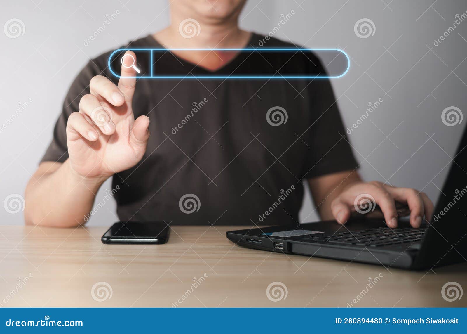 Hand of Businessman Touch Search Bar and Use Computer. Searching ...
