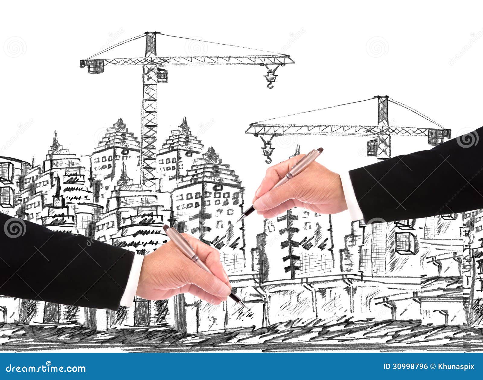 Hand of Businessman Writing on Skitching of Building Construction Stock ...