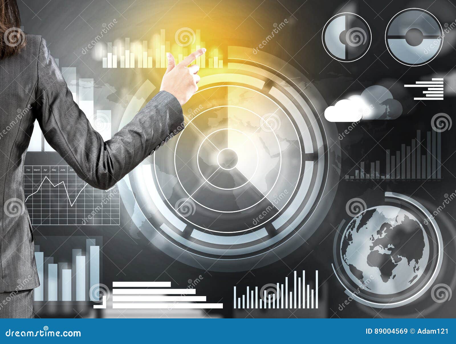 Hand of Businesswoman Pressing with Finger Icon on Media Screen Stock ...