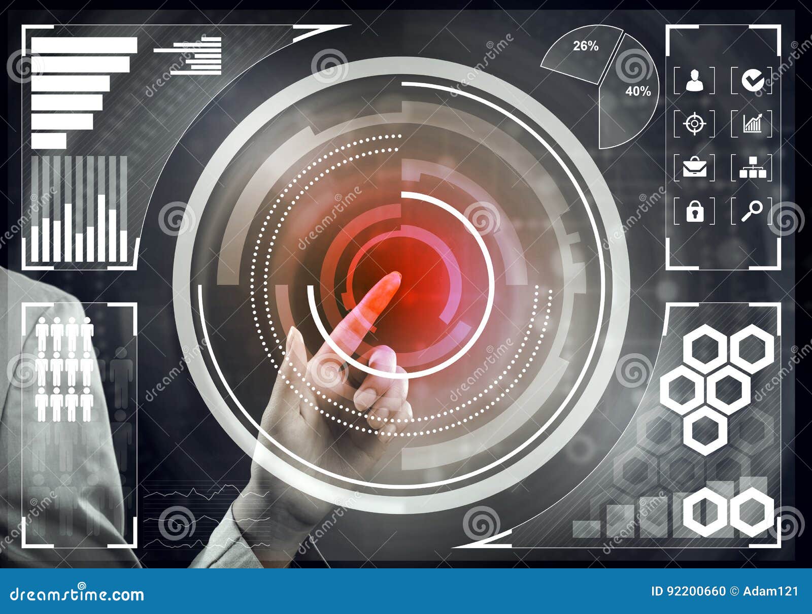 Hand of Businesswoman Pressing with Finger Icon on Media Screen Stock ...