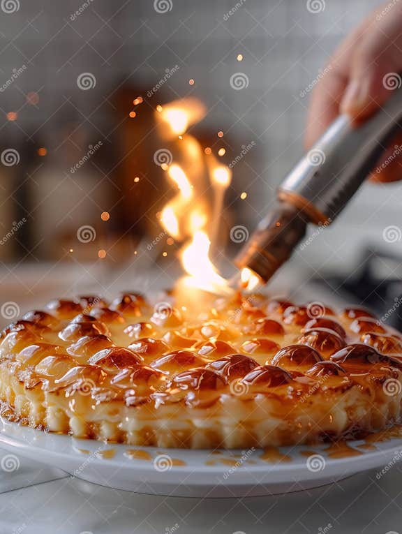 Hand Caramelizing Waffle with a Torch in a Kitchen Setting Stock Image ...