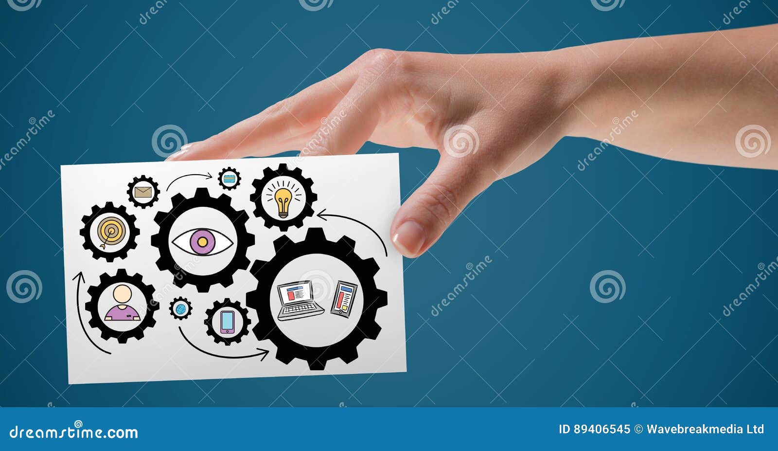 Hand with Card and Gear Graphics Against Blue Background Stock ...