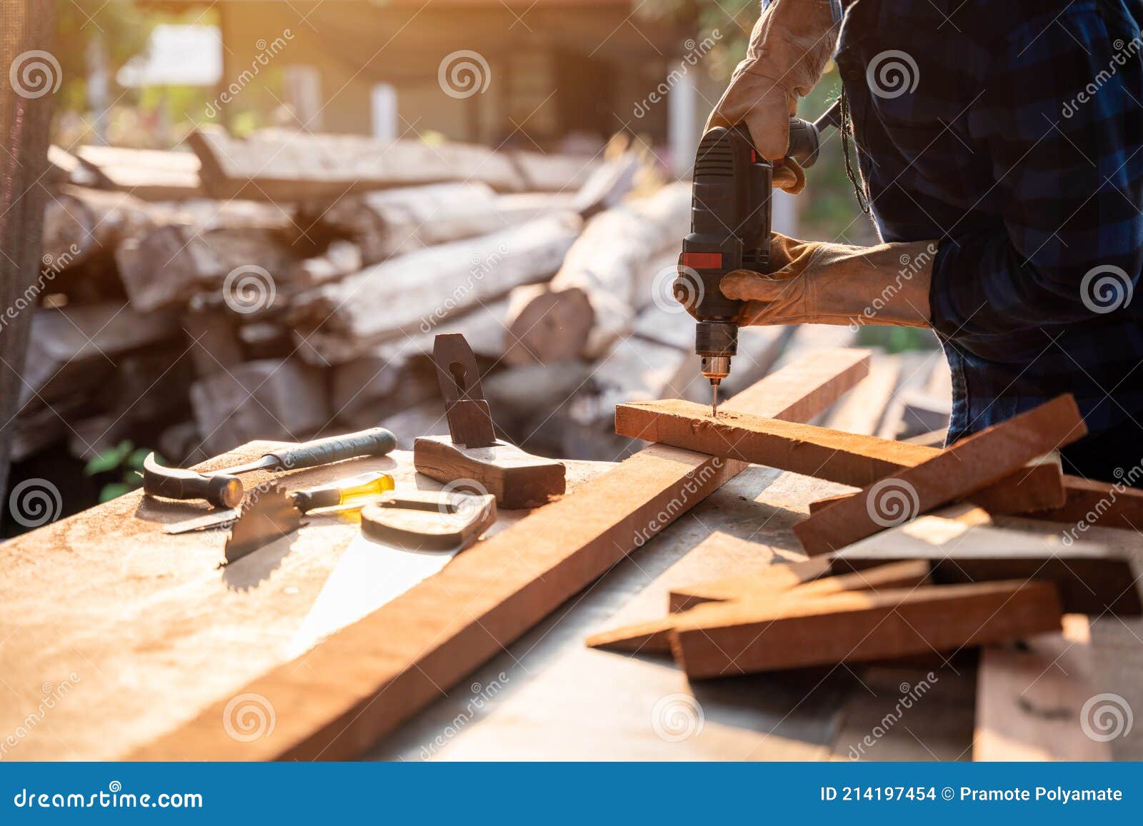 Carpenter Drills Latch Hole Of Door Lock, Using Spade Bit. Royalty-Free ...