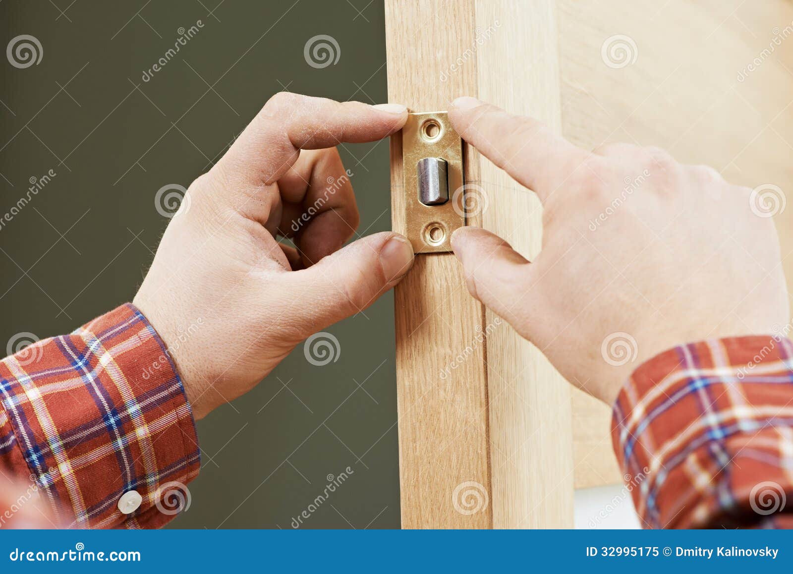 Hand of Carpenter at Lock Installation Stock Image - Image of handyman ...
