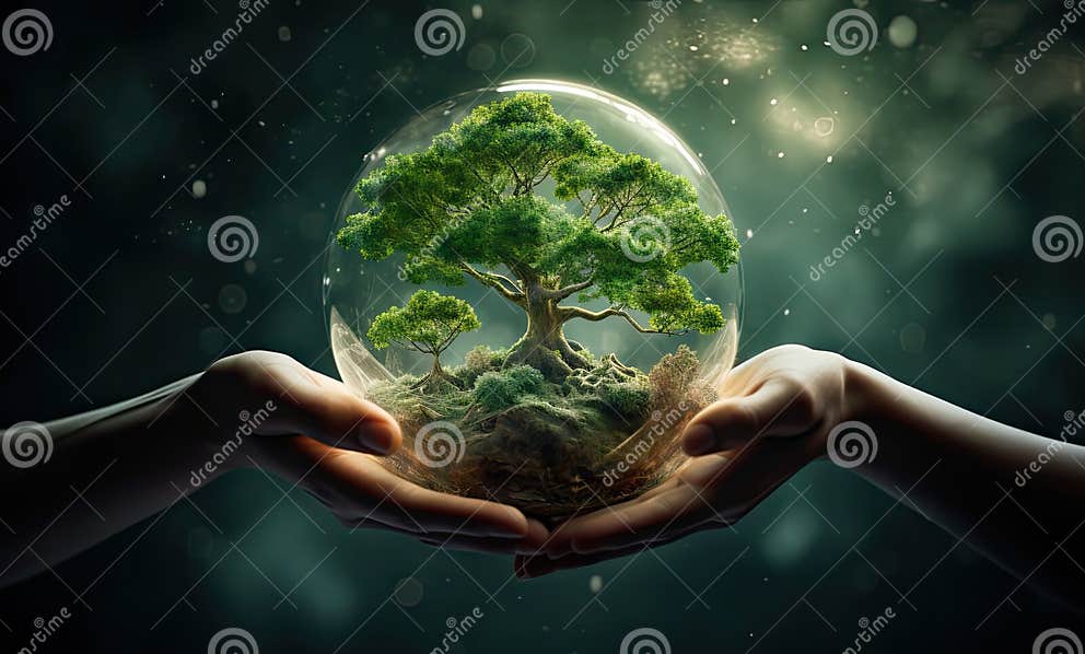 Hand Carrying an Image of a Globe with Trees Stock Illustration ...