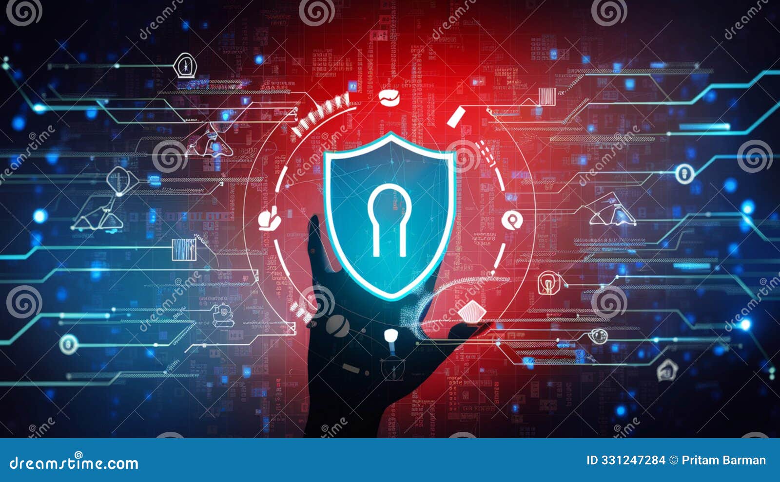 Hand Casting Shadow Over Cyber Security Elements Like Firewall Shield ...