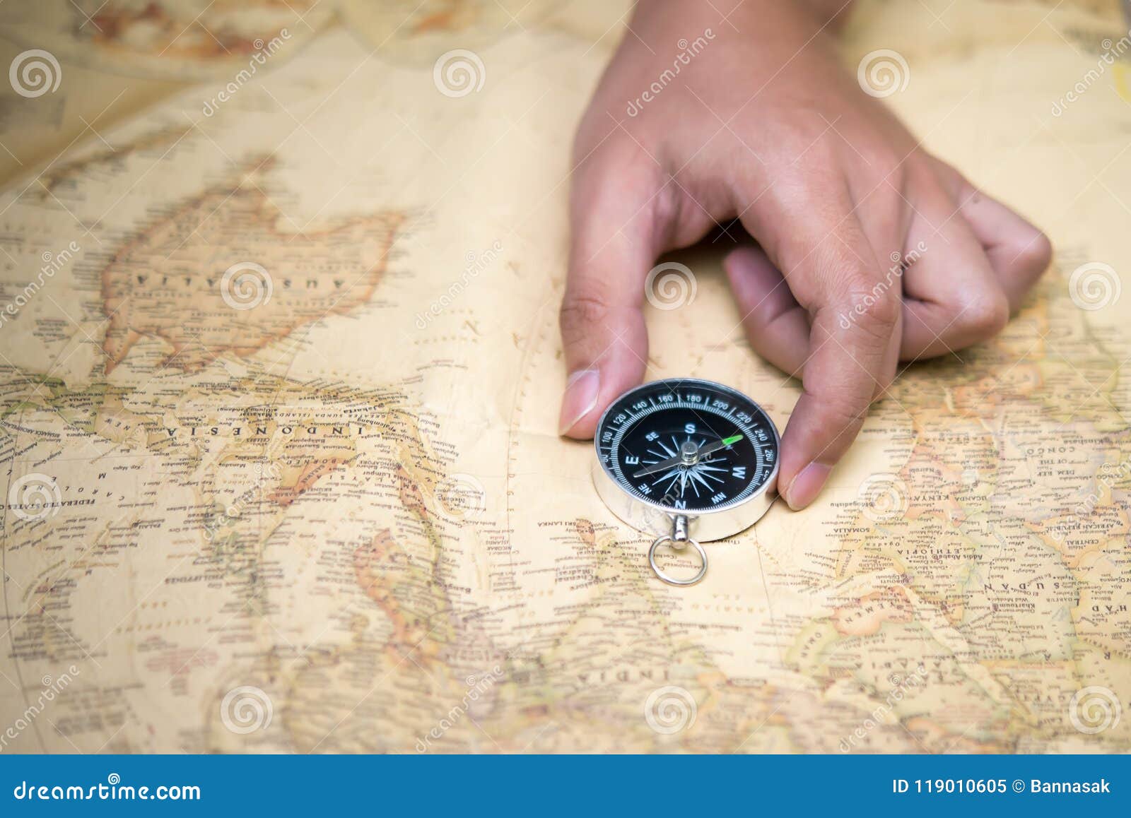 Hand Catch Compass on the Old Map Stock Image - Image of direction ...