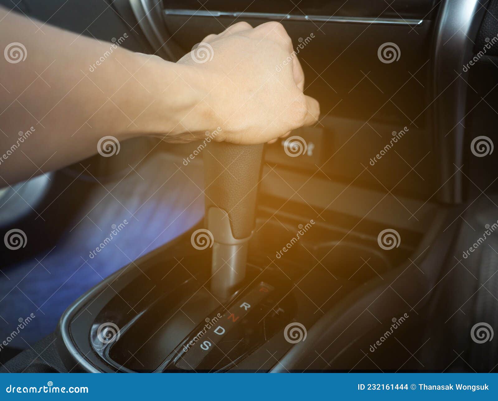 Hand Hold Gear Auto of Car Interior the Car with Light Flare Stock ...