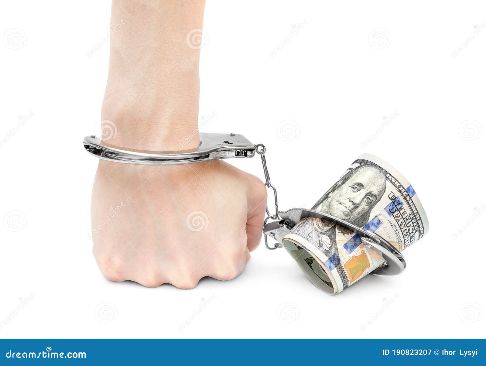 Hand Chained To Money by Handcuffs. Isolated on White Stock Image ...