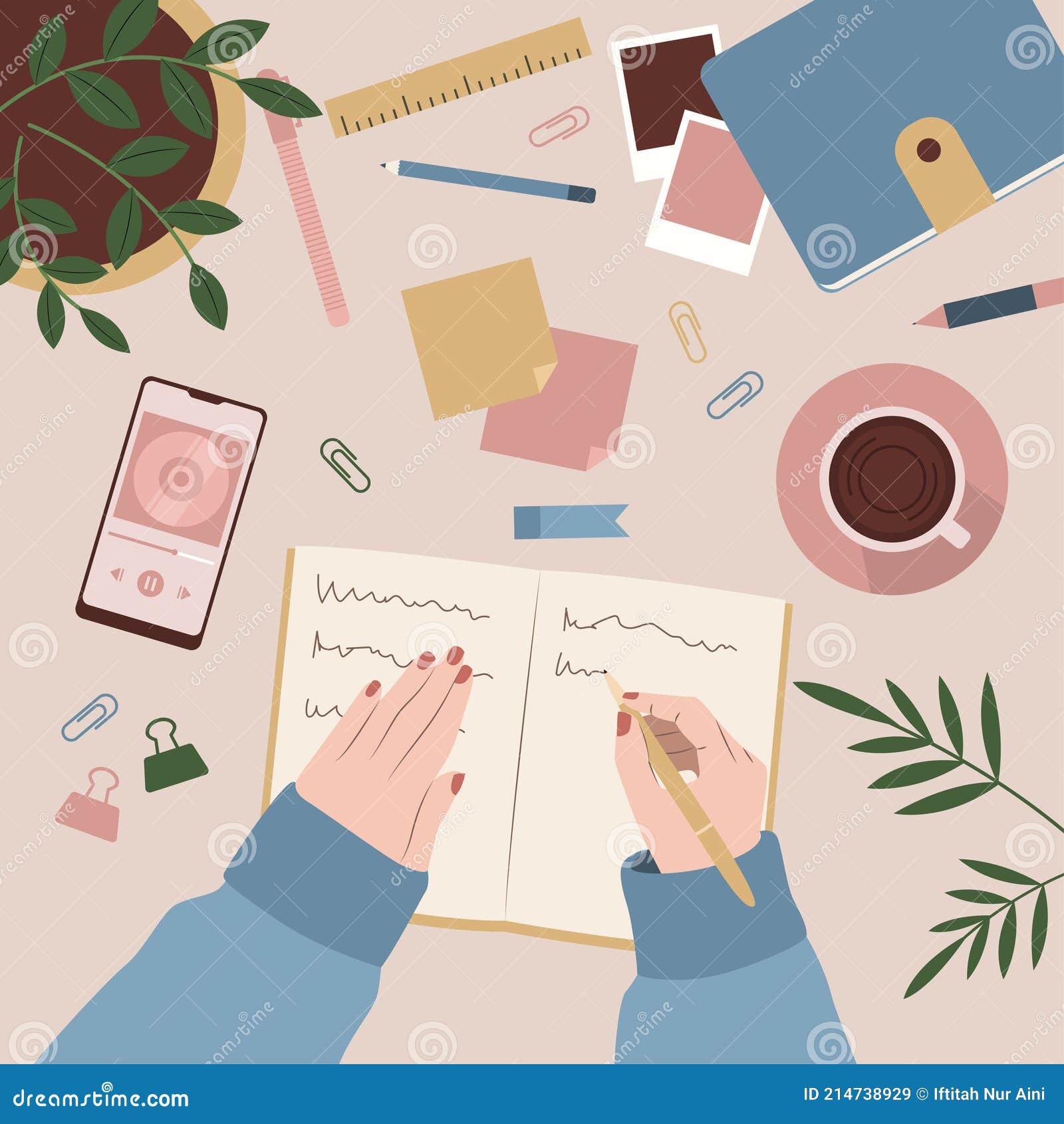 Hand Character Writing Diary with Notes Coffee Cup Playlist in ...