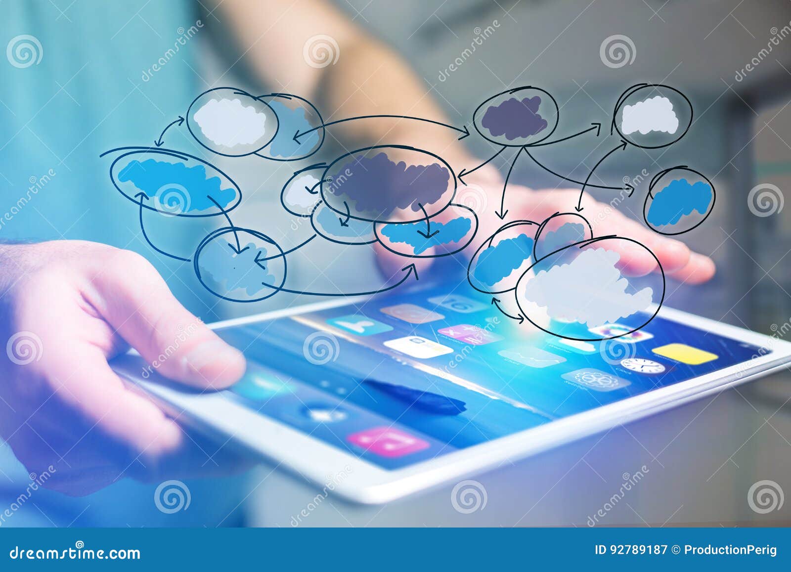 Hand Chart Organization Icon Going Out a Tablet Interface of a M Stock ...