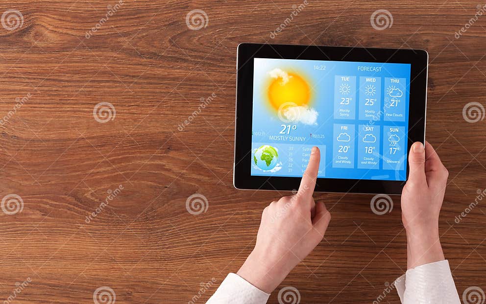 Hand Checking Weather on Tablet Stock Photo - Image of forecast ...