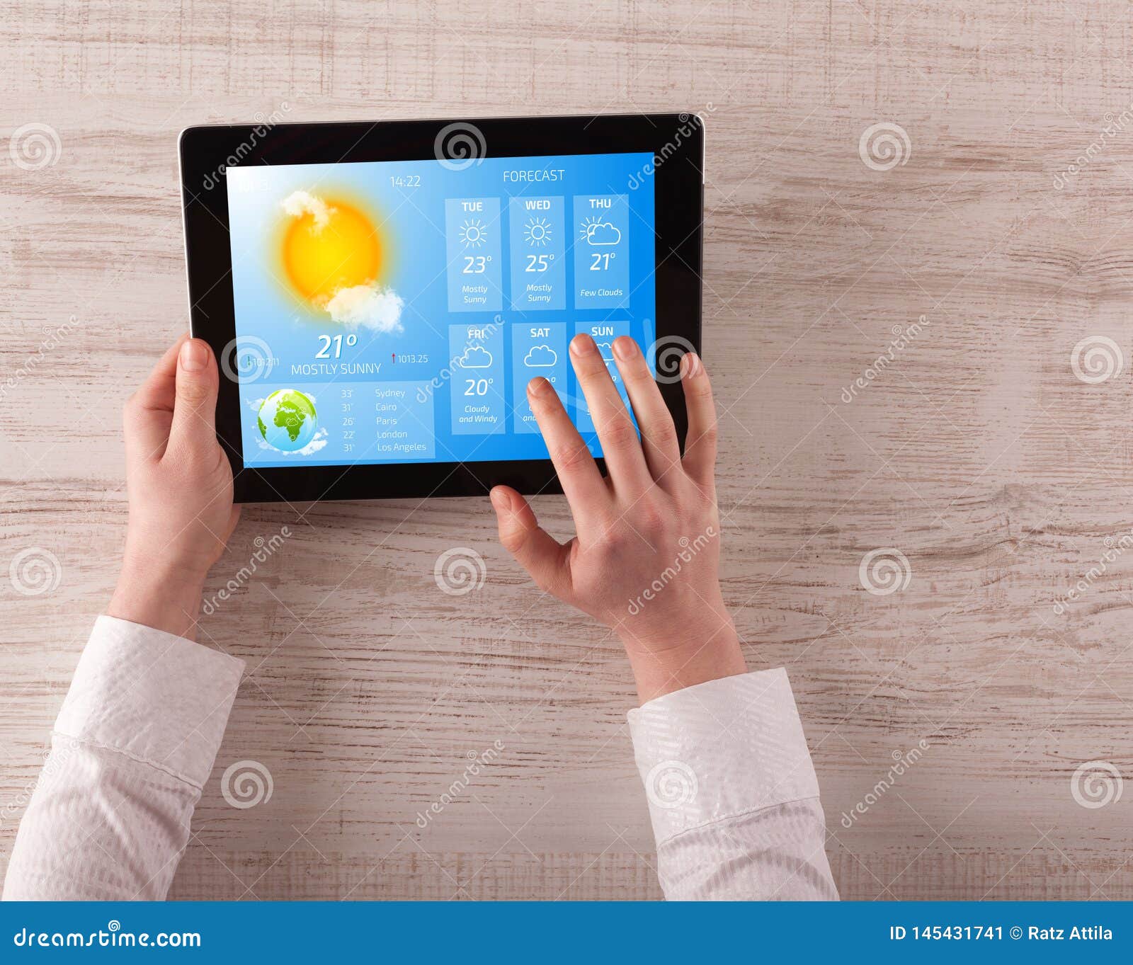 Hand Checking Weather on Tablet Stock Image - Image of break, business ...