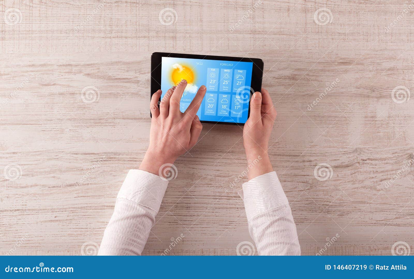 Hand Checking Weather on Tablet Stock Image - Image of cloud, city ...