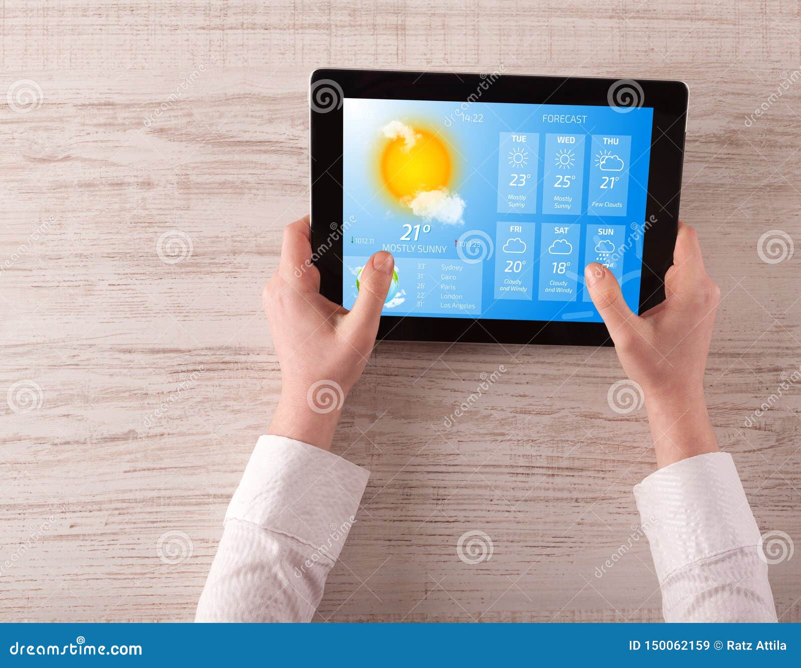 Hand Checking Weather on Tablet Stock Image - Image of internet, break ...