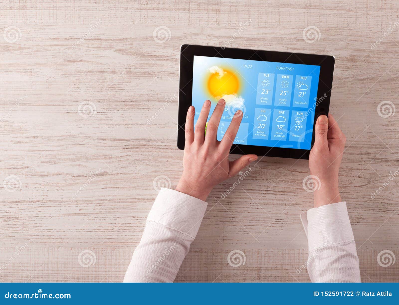 Hand Checking Weather on Tablet Stock Photo - Image of electronic ...