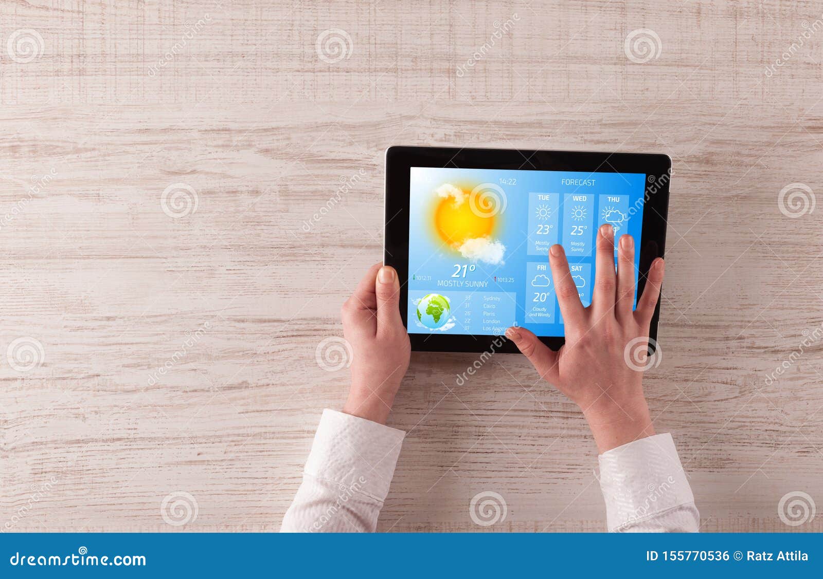 Hand Checking Weather on Tablet Stock Photo - Image of city, office ...