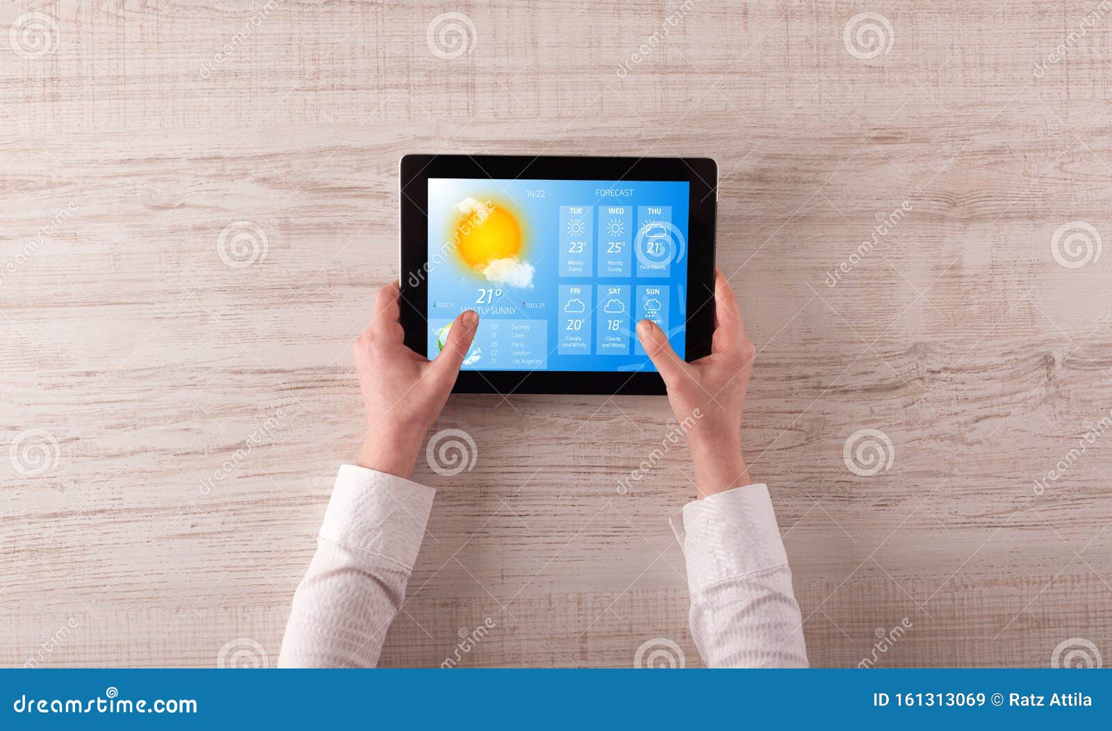 Hand Checking Weather on Tablet Stock Image - Image of business ...