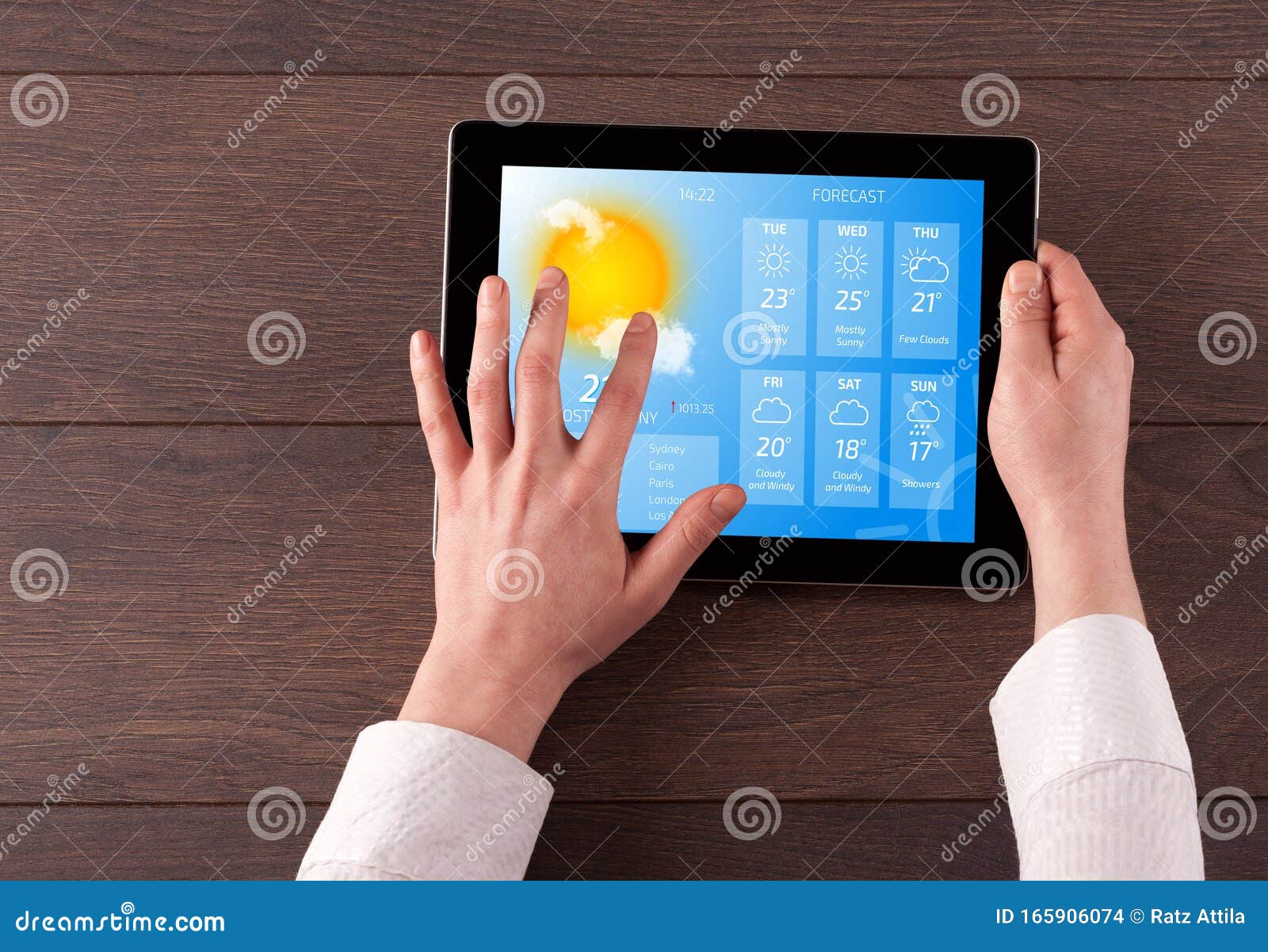 Hand Checking Weather on Tablet Stock Photo - Image of digital ...