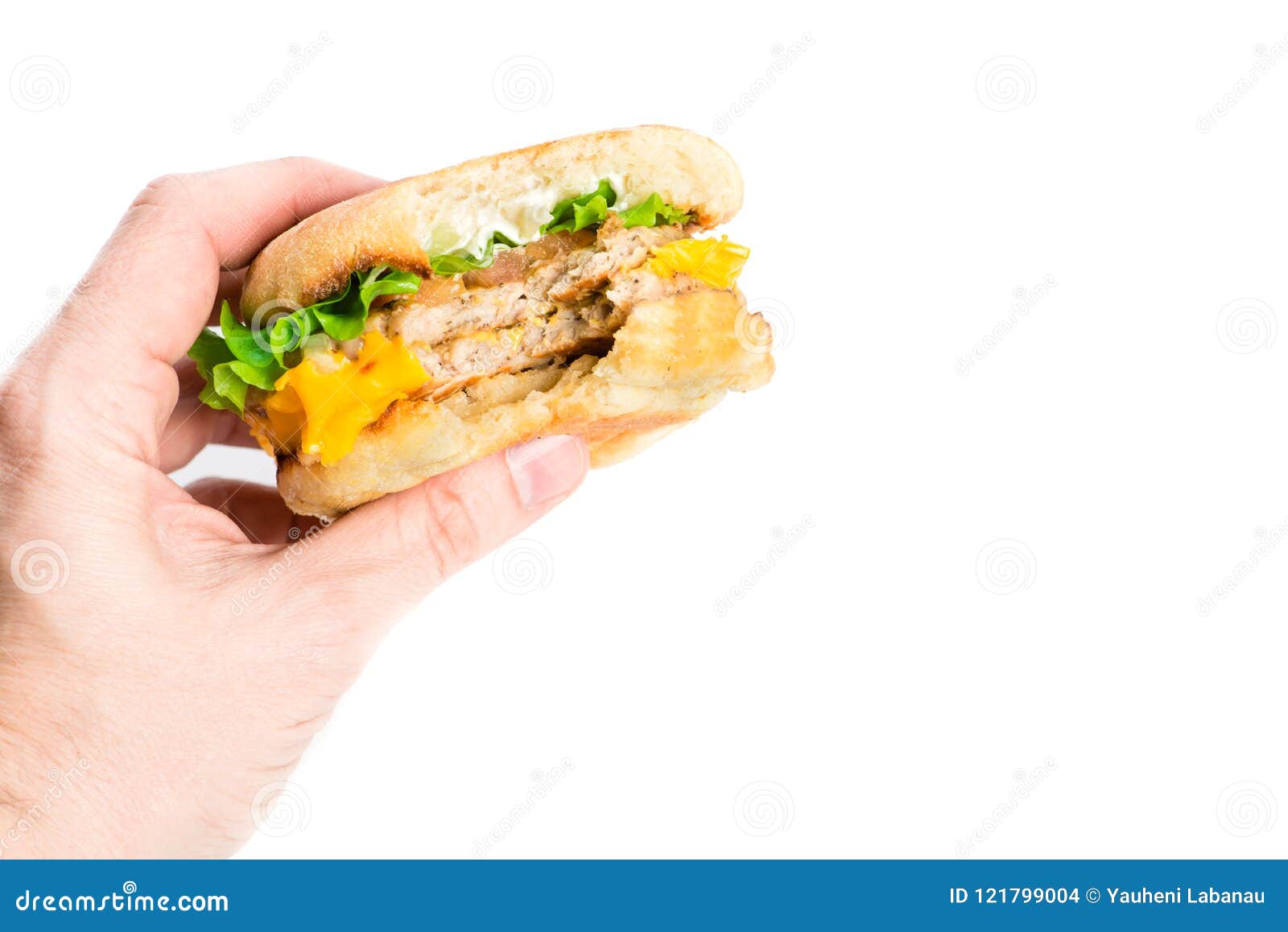 Hand with cheeseburger stock photo. Image of isolated - 121799004