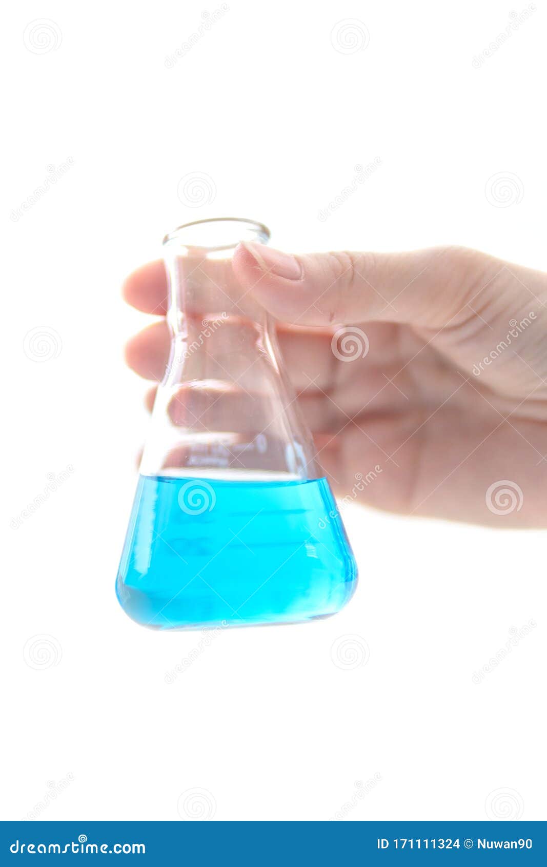 Hand of Chemist Hold a Glass Erlenmeyer Flask with Blue Liquid in ...