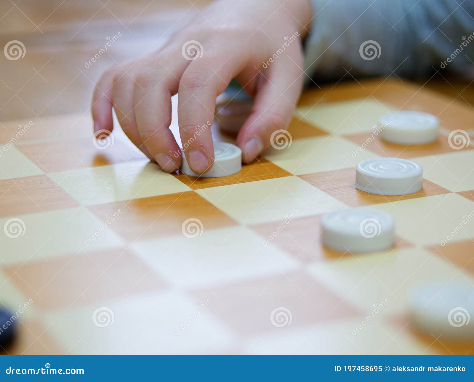 Hand Child Playing Checkers at the Table Stock Image - Image of black ...