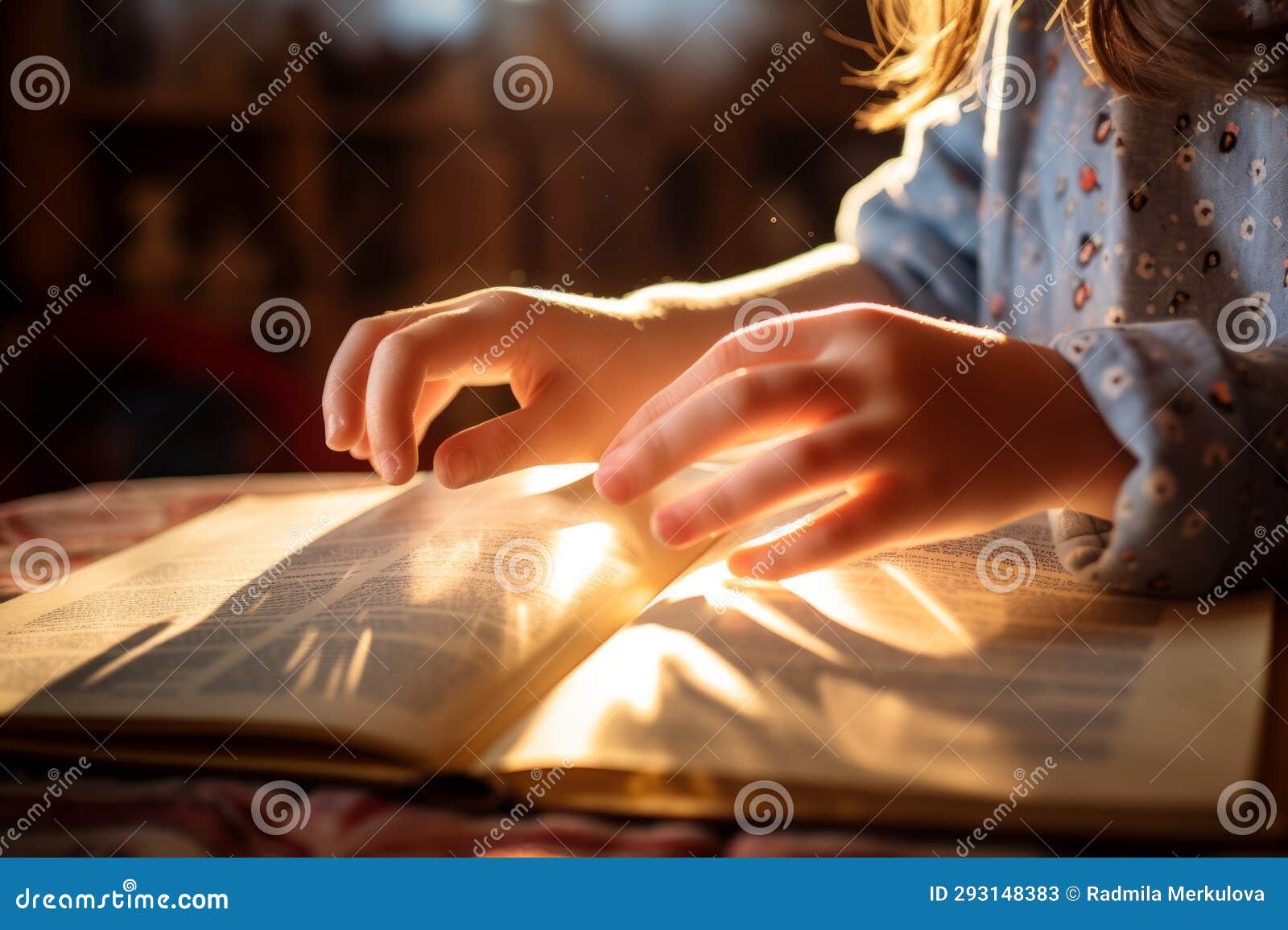 The Hand of a Child Touching an Open Book Stock Image - Image of school ...