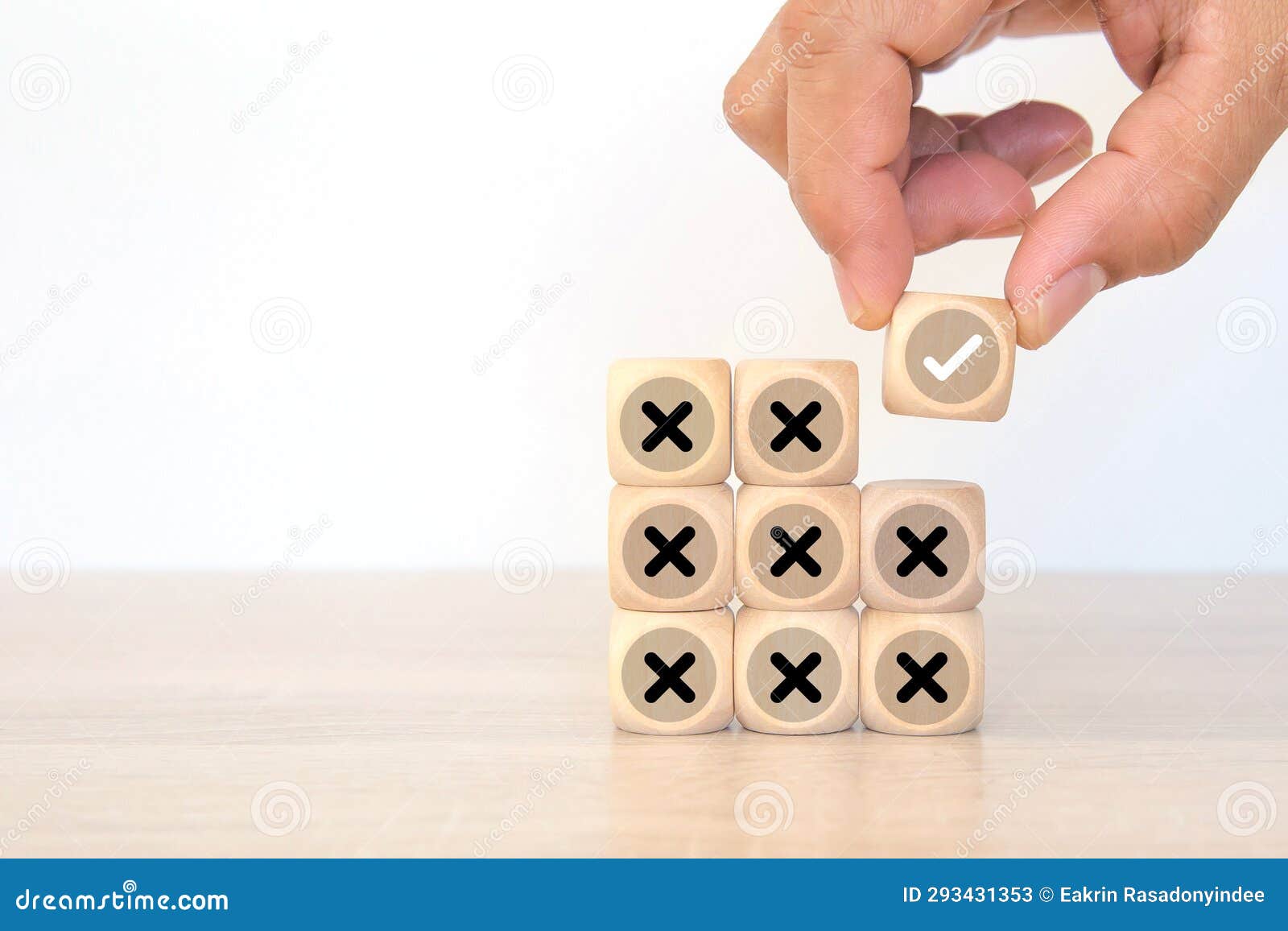 Hand Choose Check Mark with Cross Symbol on Cube Wooden Block Stack for ...