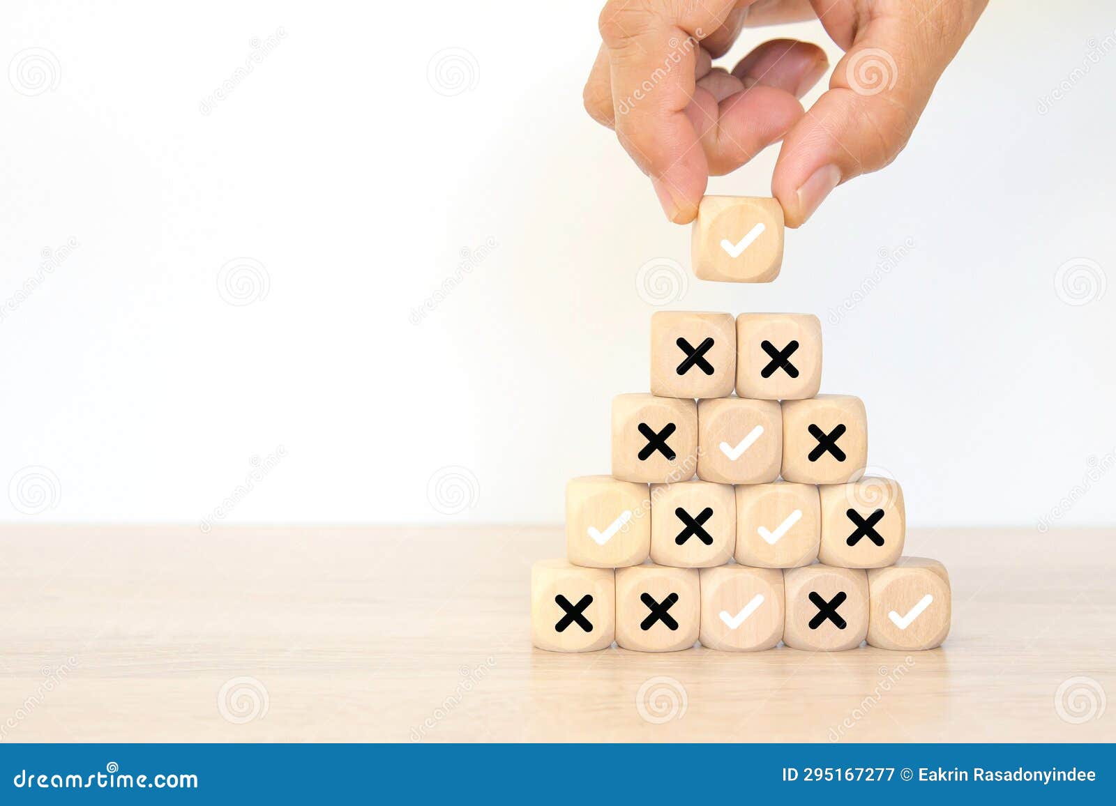 Hand Choose Check Mark with Cross Symbol on Cube Wooden Block Stack for ...