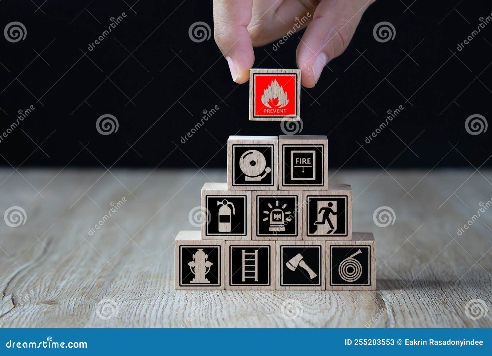 Hand Choose Cube Wooden Toy Stack Pyramid with Fire Prevent Icon on ...