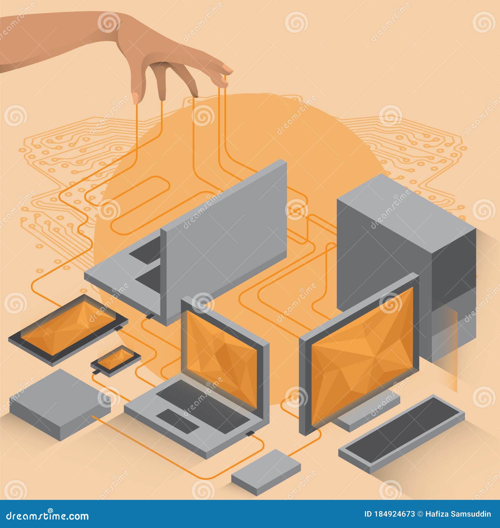 Hand with Circuit Connecting Computer Devices. Vector Illustration ...