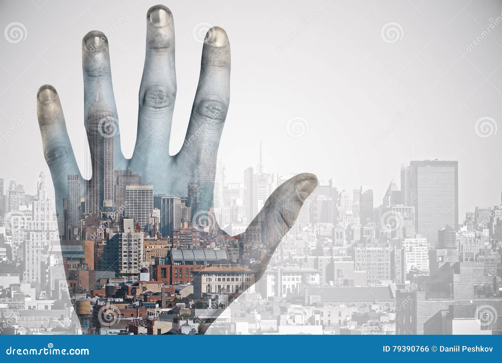 Hand on city background stock illustration. Illustration of cityscape ...