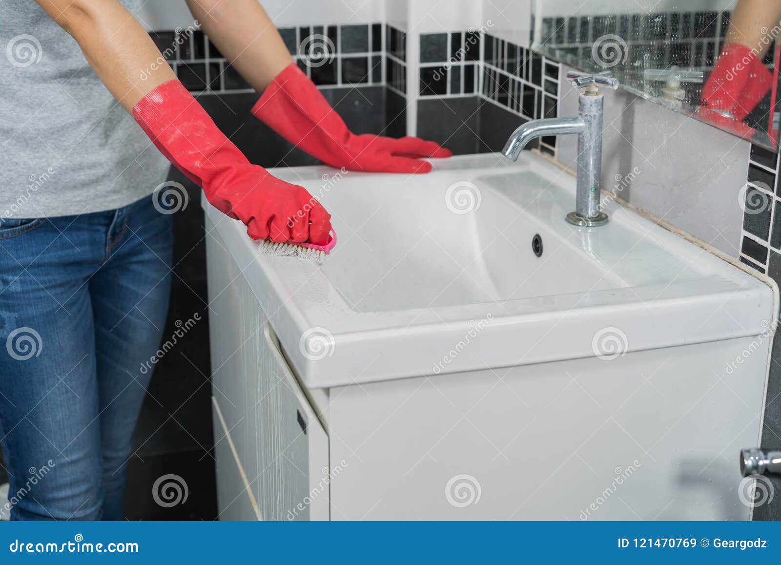 Hand Cleaning Bathroom Sink with Brush Stock Image - Image of bowl ...