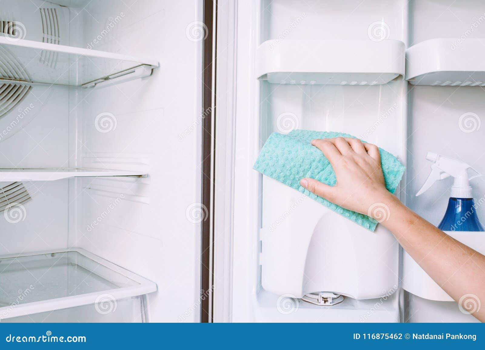 Hand Cleaning Refrigerator with Spray Bottle Stock Photo - Image of ...