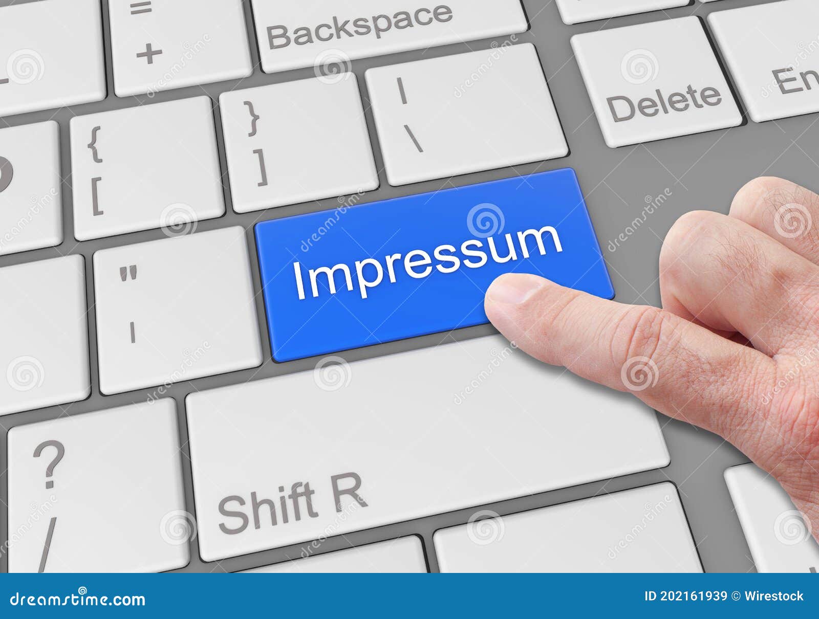 Hand Clicking on a Computer Keyboard with a Blue German Imprint Button ...