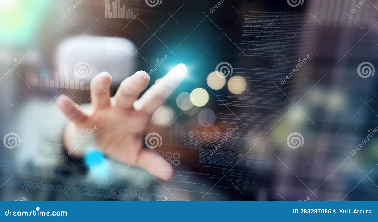 Hand, Code and Programming with Hologram, Cyber Security or Digital Software with Connection ...