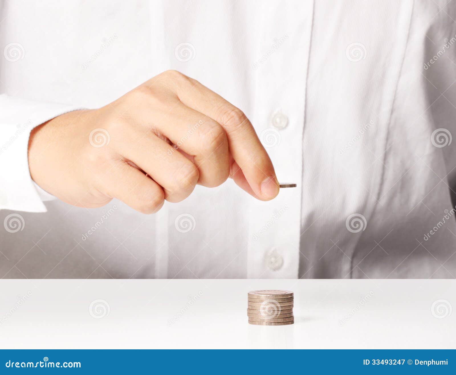 Hand Coins in Finger and Row Stacks Them Stock Image - Image of holding ...