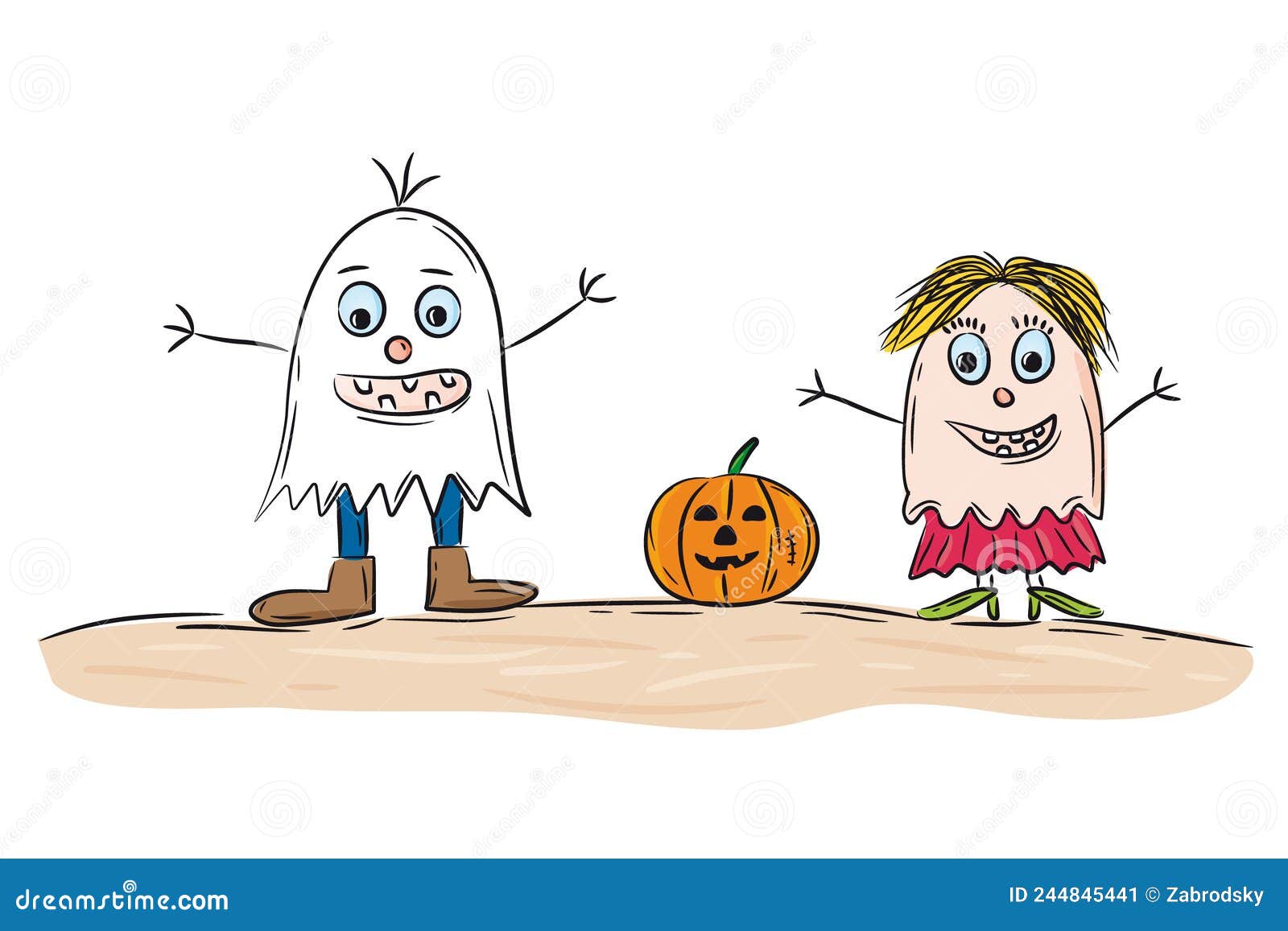 Two Hand-drawn Ghosts Celebrate Halloween and There is a Hollowed-out ...